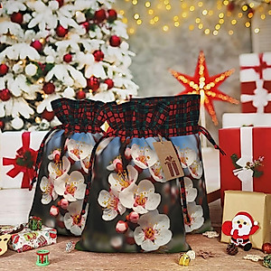 Christmas Gift Bags with Drawstring Burlap Gift Bags Apricot Flowers Christmas Linen Bags for Xmas Party Candy Bags with Cards Xmas Reusable Wrapping Bags Christmas Linen Treat Bags for Holiday