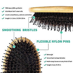 Natural Boar Bristle Wooden Bamboo Paddle Brush - Best Detangler for Women & Men's Curly and Thick Hair, Anti-Static, Reduces Hair Breakage