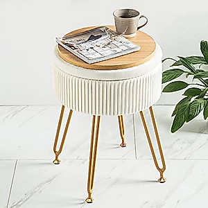 Velvet Storage Ottoman Foot Rest, Upholstered Pleated Round Footrest Vanity Stool with Metal Legs, Coffee Table Top Cover, Modern Accent Stools,Makeup Footstool, Suitable for Living Room and Bedroom