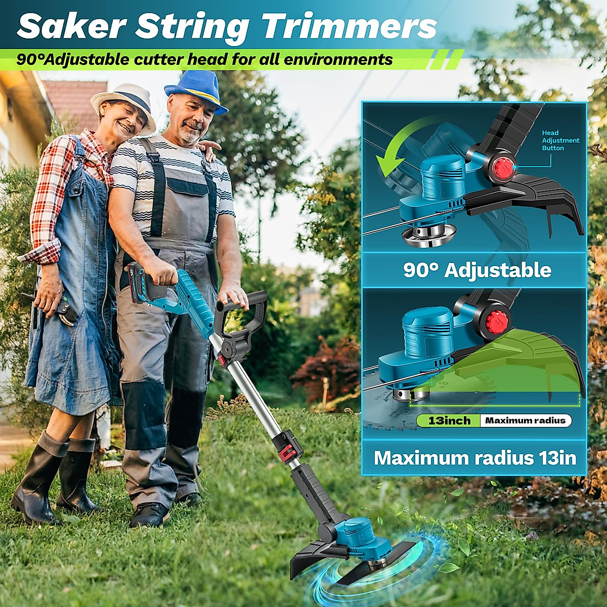 Saker String Trimmer Cordless Electric, Weed Wacker Battery Operated with 2X22V Batteries, 13 inch Weed Eater Cordless with Brushless Motor, Weed Wacker Electric for Home Garden and Yard