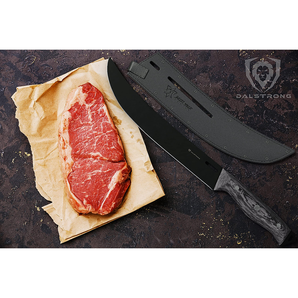 Dalstrong Butcher Knife - 10 inch - Delta Wolf Series Knife - Ultra-Thin & Zero Friction Blade - HC 9CR18MOV Steel - Black Titanium Nitride Coating - Breaking Knife - G10 Camo Handle - Leather Sheath