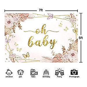 Ufeela Oh Baby Pink Floral Backdrop 7Wx5H Feet Fabric Polyester Baby Shower for Girl Plant Pampas Grass with Gold Purple Butterfly Newborn Photography Background Banner Photo Shoot Decor Props