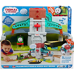 ​Thomas & Friends Toy Train Set Talking Bulstrode & Which-Way Bridge Track Playset with Sounds & Percy Engine for Kids Ages 3+ Years