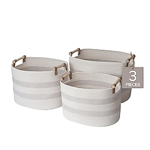 RGI Home Textured Linen and Fabric Rope Storage Baskets – Set of 3 Oval Decorative Woven Bins for Versatile Home Organization, Multi-Sized with Easy-Carry Handles, Cream with Ivory Trim