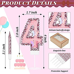 2.75" Large Pink Glitter 4th Year Happy Birthday Candles Girls Number Candles for Birthday Cakes Sequin Numeral Princess Candles Number Birthday Cake Topper with 10 Long Thin Cupcake Candle for Party