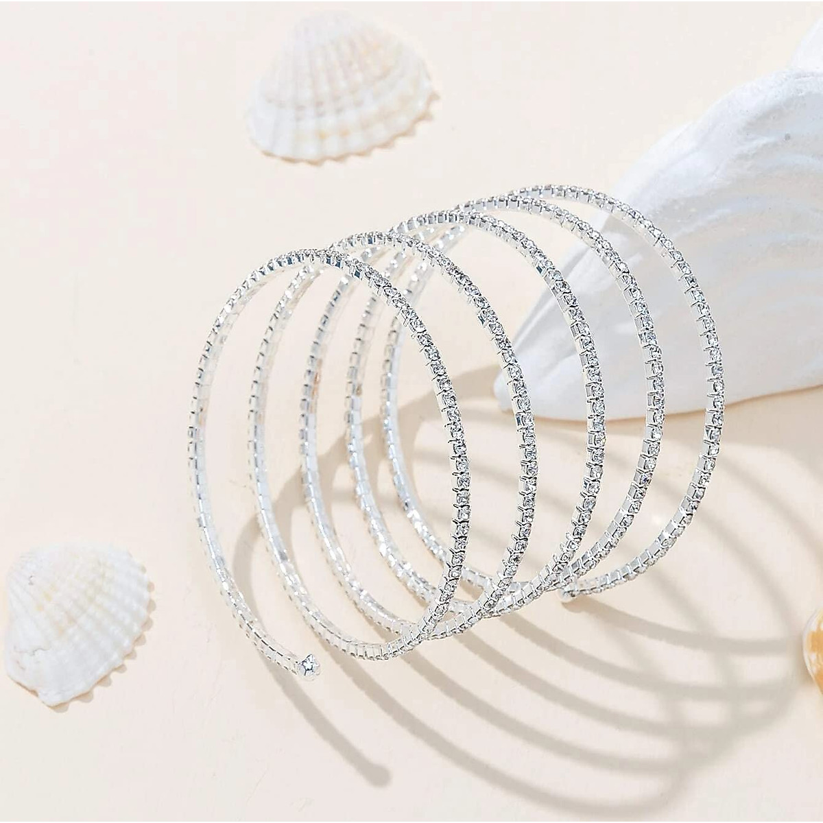 Jojomina Multilayer Rhinestone Spiral Arm Cuff Bracelets for Upper Arm 2 Pcs, Crystal Silver Prom Bridal Bangle Bracelet for Party Bride Wedding