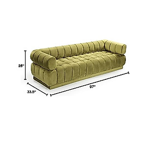 Iconic Home Quebec Sofa Velvet Upholstered Vertical Channel-Quilted Shelter Arm Tufted Design Modern Contemporary, Green