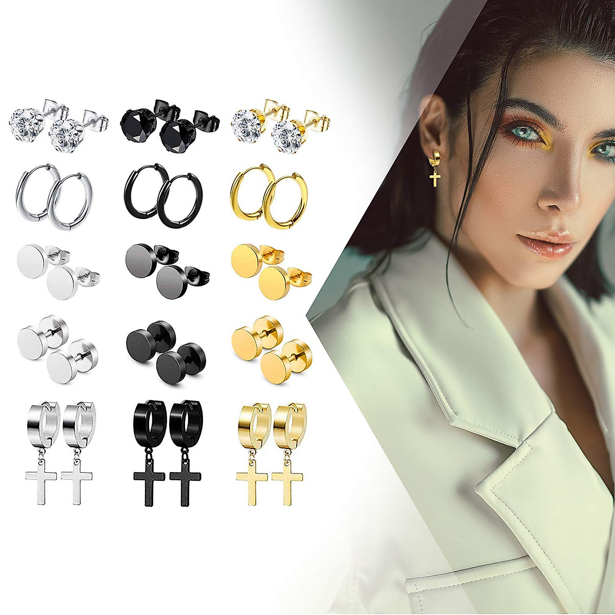 Aroncent 15 Pairs Mens Earrings Cross Earrings for Men Hoop Earrings Dangle Cross Earrings Fake Earrings CZ Stud Earrings for Men Women Stainless Steel Earrings Set