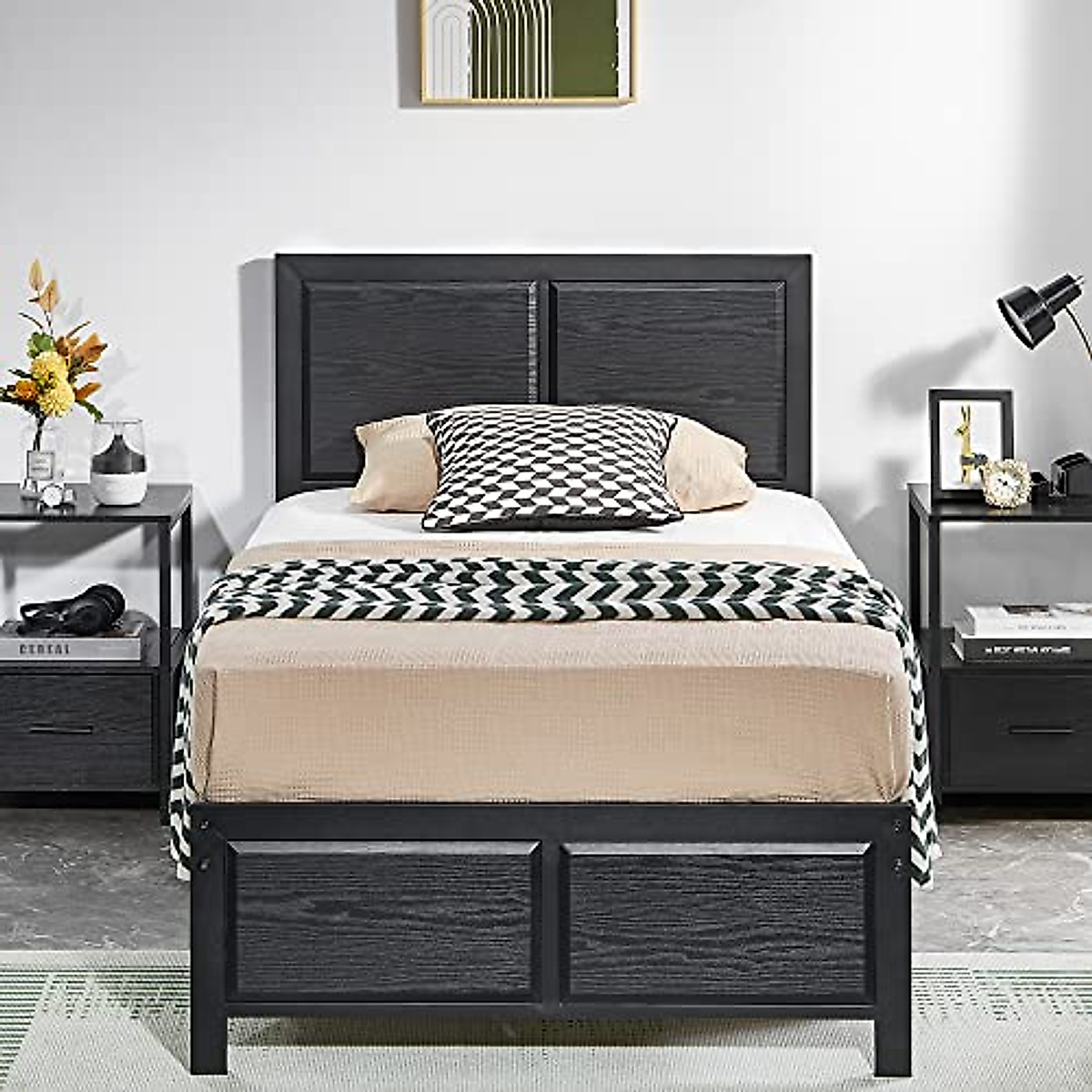 VECELO Twin Size Platform Bed Frame with Black Wood Headboard, Mattress Foundation, Strong Metal Slats Support, No Box Spring Needed