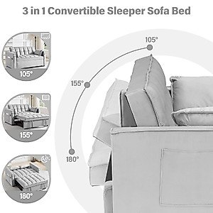 Convertible Sofa Bed,3-in-1 Velvet Sleeper Couch Pull-Out Bed,55'' Loveseat Sleeper Sofa Bed with Adjustable Backrest with 2 Pillows and Storage Bag & USB Port and Hidden Side Computer Table,Gray