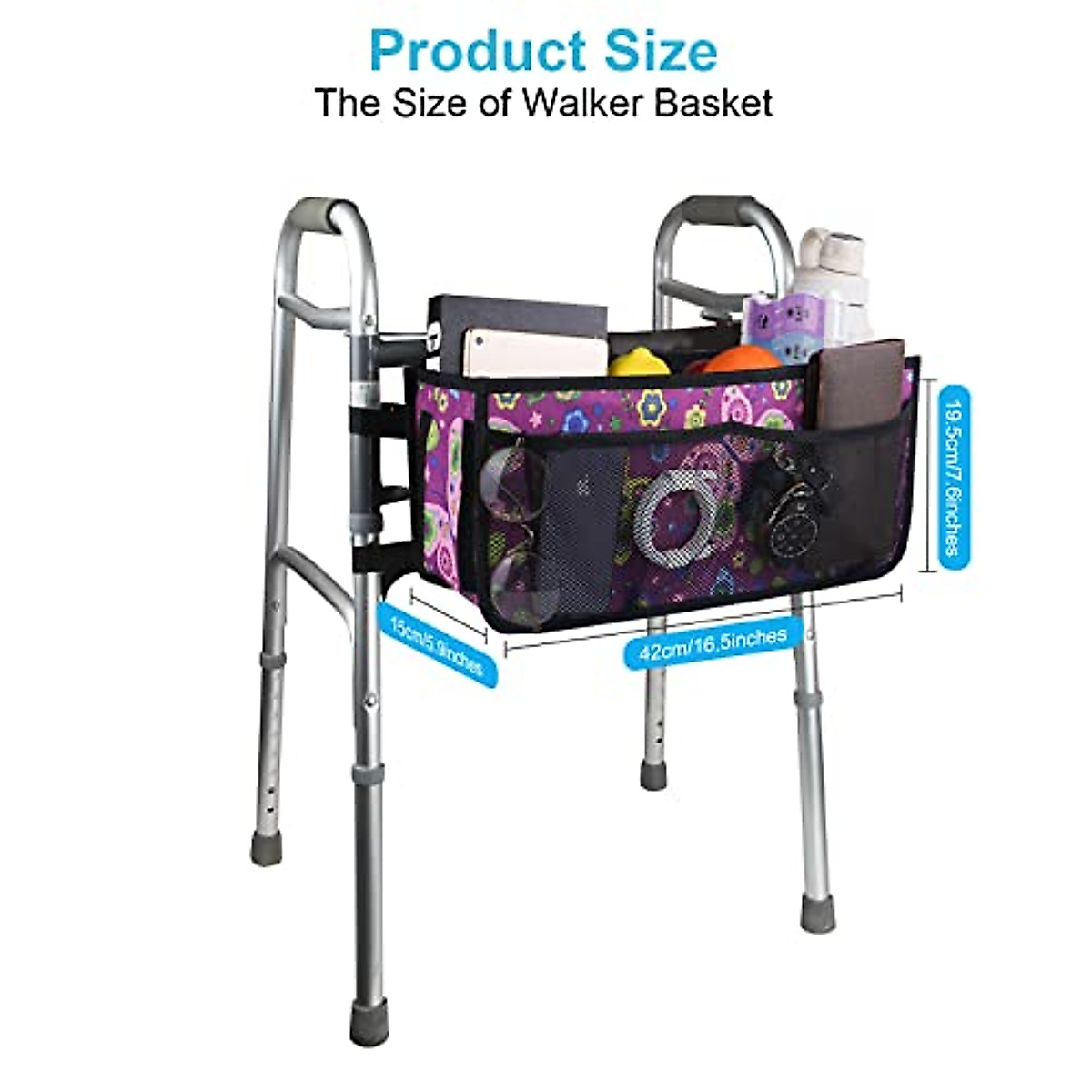 Walker Basket Foldable Walker Storage Bag with Two Split Boards and Six Non-Slip Straps Big Capacity Walker Basket Tote Organizer Never Tipping Over Ideal for Senior, Universal Size (PurpleButterfly)