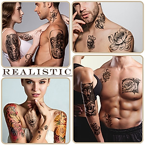 Yazhiji 77sheets Waterproof Temporary Tattoo for Girls or Boys Kids 17sheets Larger Half Arm Wolf Tiger Lion Fake Tattoos for Men or Women And 60 sheets Tiny Flower Snake Rose Sunflower Tattoo Sticker