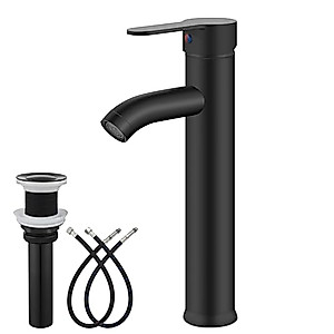 gotonovo Bathroom Sink Faucet Lavatory Vanity Mixer Bar Tap Combo Single Hole Single Handle Deck Mount with Water Supply Lines Matte Black Vessel with Metal Pop Up Drain