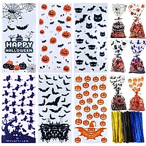 FuraHa 150 pcs Halloween Cello Bags Halloween Cellophane Treat Bags with Ties for Candy Cookie Goodies Gift Wrap Halloween Trick or Treat Party Favors, 6 Designs