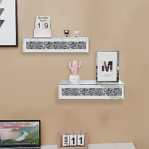 TACIDON Floating Wall Shelf Mirrored .Glamorous Crushed Diamond Crystals Wall Rack.Glass Display Ledge of Trophy and Photo Frame. Suitable for Living Room,Bathroom,Bedroom.(15”x6”x3”)