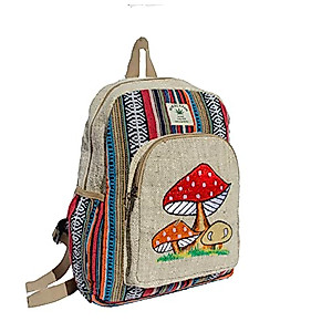 Handmade Marijuana Backpack Red Mushroom Psychedelics Shroom Backpack | Made in Nepal Travel Backpack with Water Bottle Pockets | Hemp Cotton Backpack - Small Mini Backpack