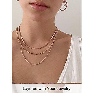 FOCALOOK Rose Gold Plated Flat Snake Chain Necklace Herringbone Necklace Pink Choker Necklaces for Women 3MM(W) 12.5+3.5"(L)