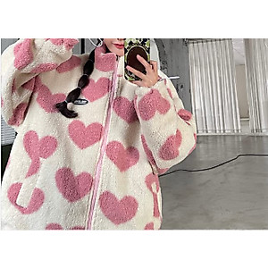 Women's Fleece Sherpa Jackets Reversible Kawaii Heart Print Fuzzy Zip Up Coats Aesthetic Y2k Winter Oversized Outwear (Pink,XL)