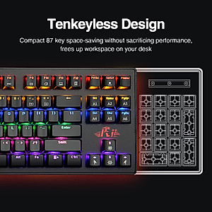 Rii RK908 Mechanical Gaming Keyboard RGB LED Rainbow Backlit Wired Compact Keyboard with Blue Switches 87 Keys for Windows PC Gaming