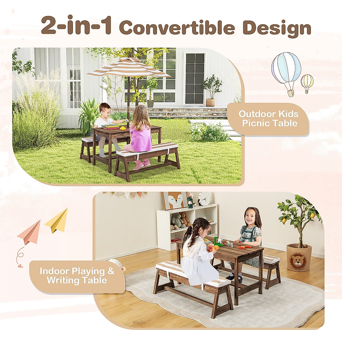 HONEY JOY Kids Picnic Table, Outdoor Wooden Table & Bench Set w/Removable Cushions and Umbrella, Stripe Fabric, Children Backyard Furniture for Patio Garden, Gift for Toddler Boys Girls Age 3+(Coffee)