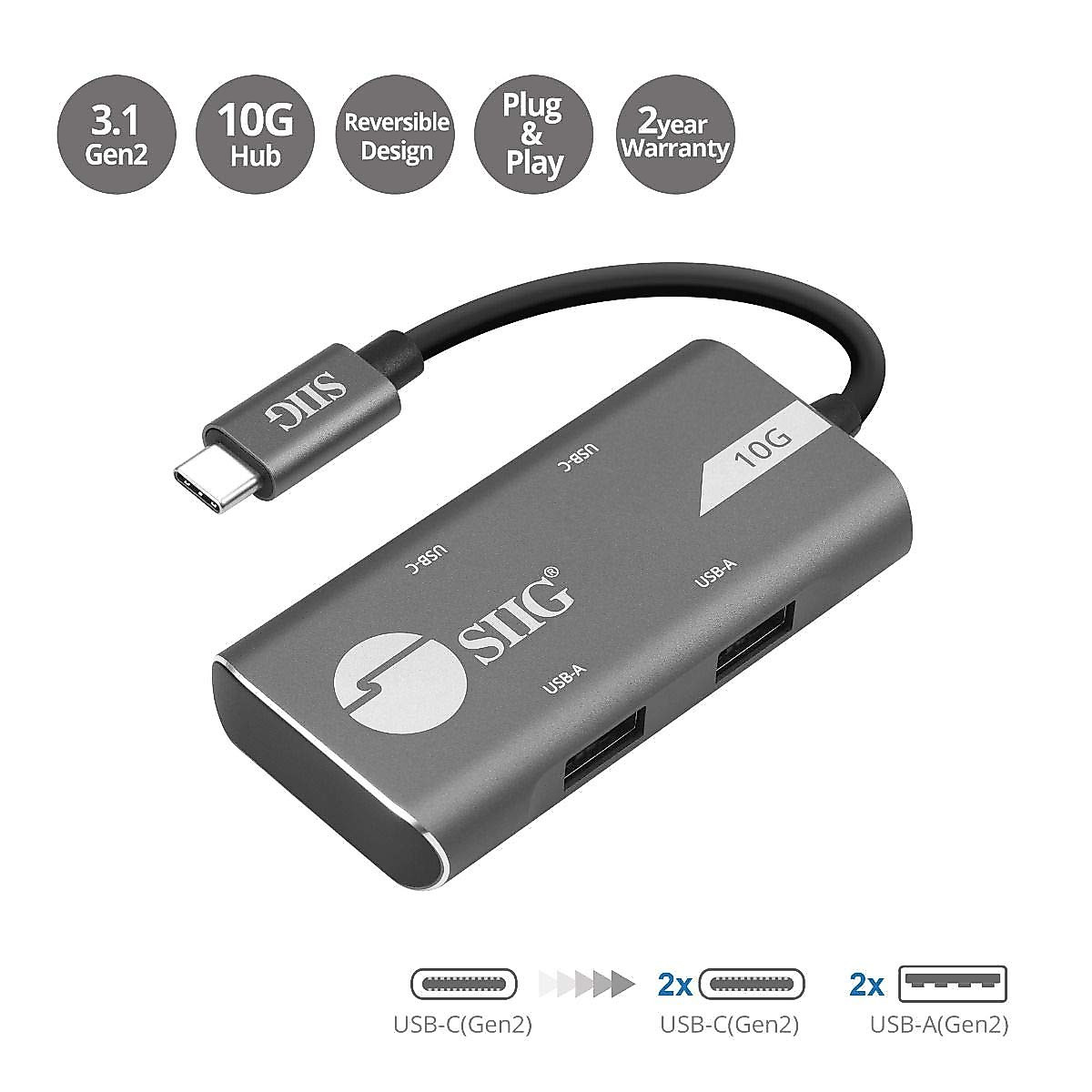 SIIG USB C Hub, 2X USB-C, 2X USB 3.1 with 10Gbps Data Transfer, Plug-n-Play for MacBook, PC, Laptop, Windows/MacOS (JU-H40G11-S1)