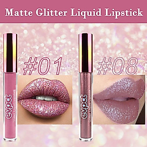 evpct 2Pcs Mauve & Taupe purple Matte to Glitter Liquid Lipstick Long Lasting Lip Set Kit for Women Diamond Shiny Glitter Sparkly Glossy Metallic Shimmer Sparkle Waterproof Lipstick Lip Gloss 01+08