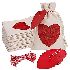 Whaline 20 Pack Valentine's Day Burlap Gift Bag Glitter Red Heart Drawstring Bag with Tag and Cotton Rope Rustic Linen Pouches Sacks for Valentines Party Favors Wedding Bridal Shower Supplies
