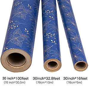 RUSPEPA Kraft Wrapping Paper Roll - Blue Flowers and Plants Pattern - 30 Inches x 100 Feet
