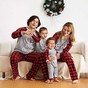 IFFEI Matching Family Pajamas Sets Christmas PJ's with Letter and Plaid Printed Long Sleeve Tee and Bottom Loungewear Women-Medium Grey