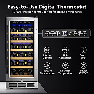 15 Inch Wine Cooler Refrigerator, 30 Bottle Wine Fridge with Removable Shelves, Wine Fridge Under Counter for Built-In or Freestanding, Wine Refrigerator with Double-Layer Glass Door, for Home, Office