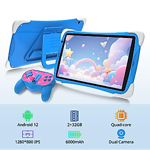 DOMATON Kids Tablet with Gamepad, 10 Inch Tablet for Kids, Android 12, Parental Control, Kid Contents Pre-Installed, 32GB(SD to 128GB), Case with Stand, Blue