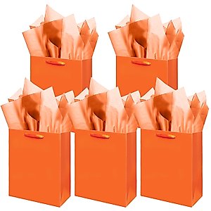 Gcardist Bright Orange Gift Bags with Tissue Paper for Wedding, Birthday, Party Supplies-7.9"x4.3"x9.6" Medium Size Cardboard Gift Bags（5pcs Bags +10pcs Tissue Paper ）