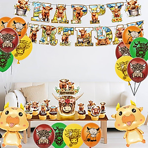 HXJFGDM Highland Cow Birthday Decorations - Highland Cow Party Decorations,Include Happy Birthday Banner Brown Highland Cow Flower Balloons for Farm Animal Holy Cow Party Decor