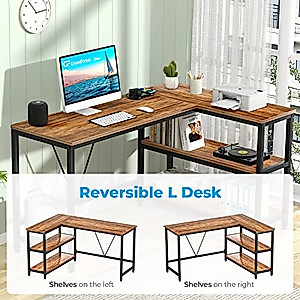 GreenForest L Shaped Desk 55x39.4 inch Large Reversible Corner Gaming Computer Desk with Storage Shelves for Home Office PC Workstation Laptop Table, Walnut