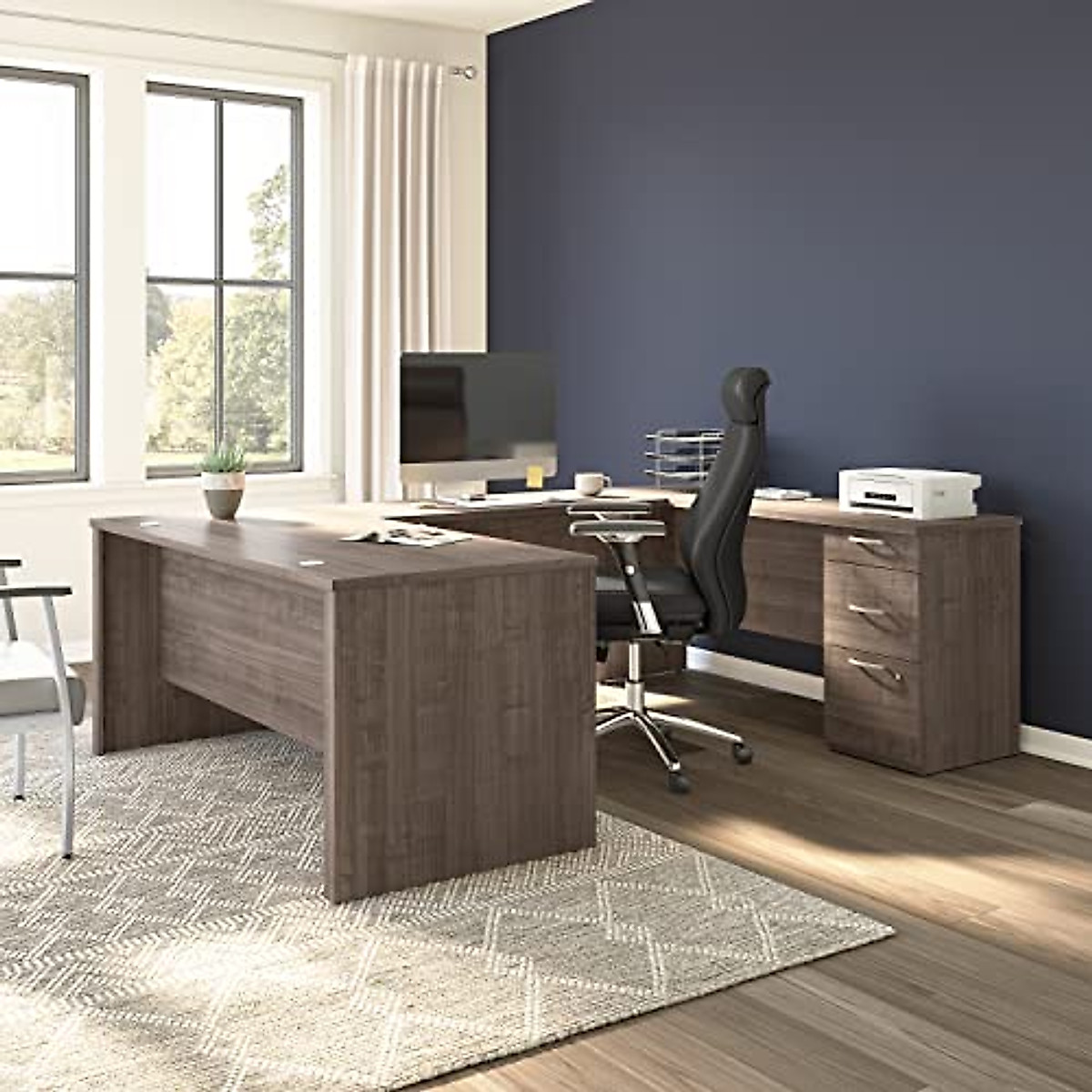Bestar Logan U Shaped Desk in Medium Gray Maple, 65W