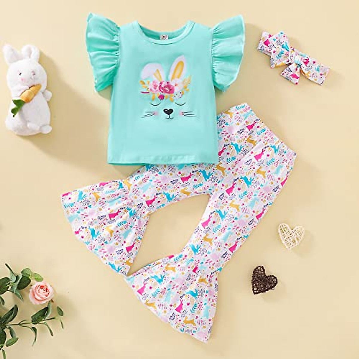 Toddler Girl Easter Clothes Outfits Fly Sleeve Rabbit Shirt Top Colorful Bunny Bell-Bottoms Headband 3Pcs Set (Green Print Rabbit, 18-24 Months)