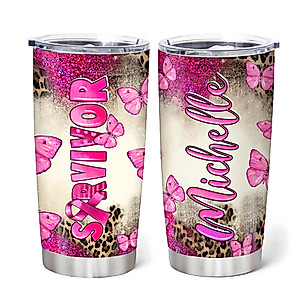 Hyturtle Personalized Breast Cancer Awareness Gifts For Women - Custom Name Stainless Steel Tumbler Coffee 20 oz With Lid - Breast Cancer Survivor Gifts For Friend, Mom On Awareness Month, Christmas