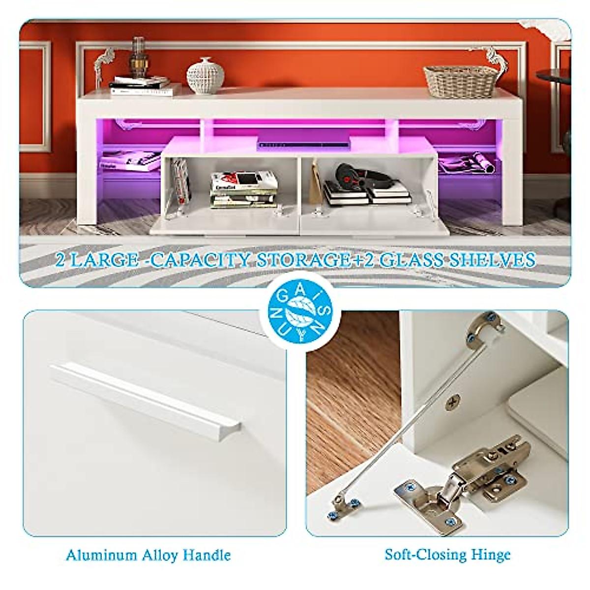 AiSONYUNG White LED 63inch TV Stand for 55 60 65 70 75 Inch TV, High Glossy Modern Entertainment Center, Large Wood TV Stand Gaming Media Cabinet with Large Storage for Bedroom Living Room and Office