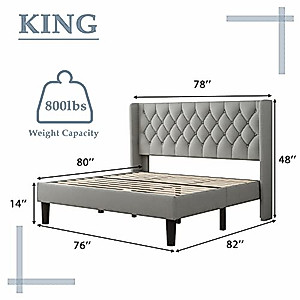 Feonase Upholstered King Bed Frame with Wingback, Platform Bed with Diamond Tufted Headboard, Heavy Duty Bed Frame, Wood Slat, Easy Assembly, Noise-Free, No Box Spring Needed, Light Gray