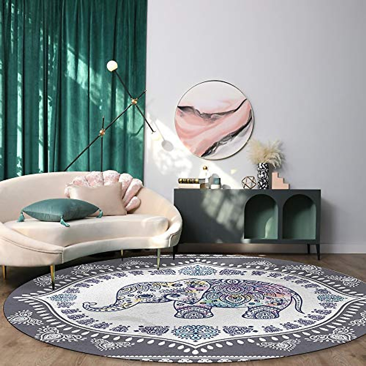 Libaoge Round Area Rugs 3 ft Diameter Elephant Indoor Aloha Mats, Arab Culture Symbol Mandala Pattern Soft Living Room Bedroom Unique Carpet Woman Yoga Mat Home Decor