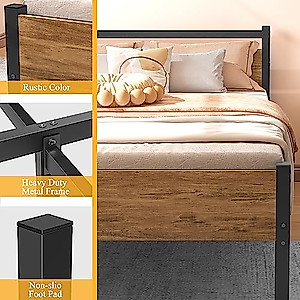 Musen Twin Bed Frames with Wood Headboard 12.4 Inch Metal Platform Bed Frame with Storage No Box Spring Needed Sturdy Non-Slip Without Noise Black & Rustic Brown