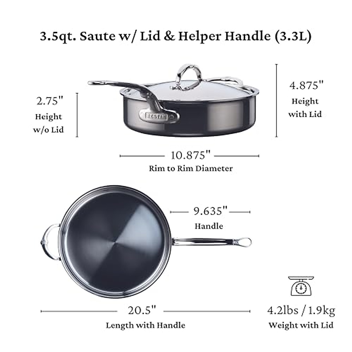 Hestan - NanoBond Collection - Titanium Stainless Steel 3.5-Quart Sauté Pan with Lid - Toxin, PFAS, & Chemical Free Clean Cookware, Induction Cooktop Compatible
