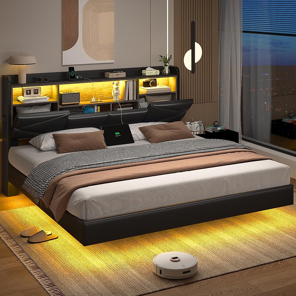 BTHFST Floating King Bed Frame with Storage Headboard & Charging Station, RGB LED Floating Platform Bed, Solid Wood Slats Support, No Box Spring Needed, PU Black