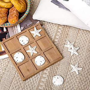 NIKKY HOME Beach Tic Tac Toe for Fun Starfish Sand Dollar Coastal House Coffee Table Decor Wood Board Travel Game, 8.97 by 8.97-in Distressed White