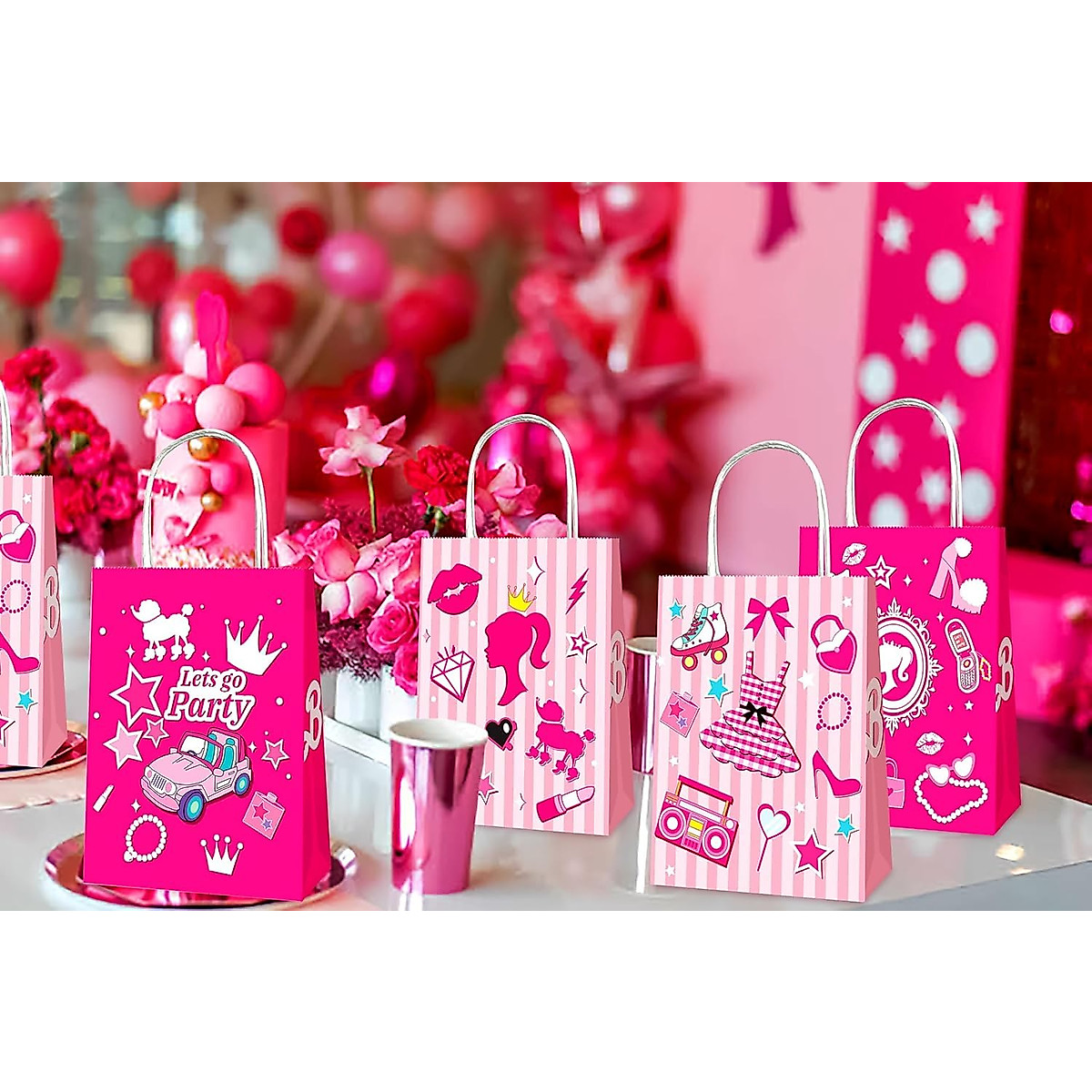 Aoerfes 12 Pieces Pink Girl Party Bags, Princess Gift Bags Candy Goodie Treat Hot Pink Party Favors Bags with Handles for Girls Princess Theme Party Decoration Birthday Supplies
