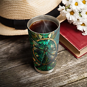ORCAE 20oz Green Jade Stained Glass Dragonfly Tumbler, Gifts for Dragonfly Lovers, Coffee Thermos for Women, Stainless Steel Double Wall Vacuum Insulated Coffee Mug, Travel Cup with Lid - H