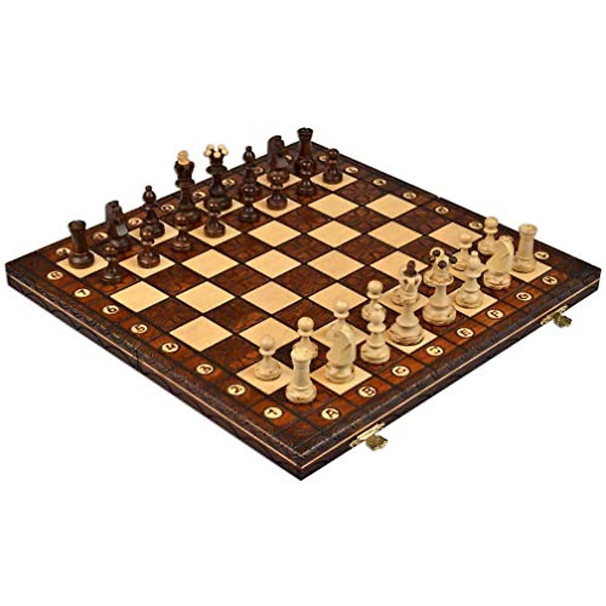 Handmade European Wooden Chess Set with Flowers, 16 Inch Board and Hand Carved Chess Pieces