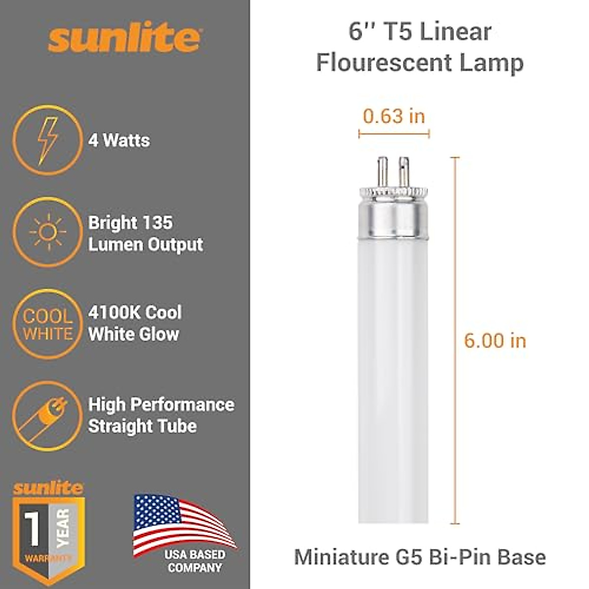 Sunlite 05040 F4T5/CW T5 Linear Fluorescent Lamp, 4 Watts, 135 Lumens, 4100K Cool White, Miniature G5 Bi-Pin Base, ROHS Compliant, High Performance Straight Tube, 10 Pack