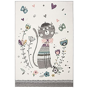 SAFAVIEH Carousel Kids Collection Accent Rug - 4' x 6', Ivory & Pink, Cat Design, Non-Shedding & Easy Care, Ideal for High Traffic Areas for Boys & Girls in Playroom, Nursery, Bedroom (CRK187A)