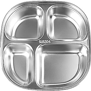 DEAYOU 4 Pack 18/10 Stainless Steel Divided Plates, Small Platter Compartment Tray with 4 Sections, Portion Control Serving Plate, Mess Food Sectioned Tray for Dinner, Lunch, Child, Cafeteria, 7.7"